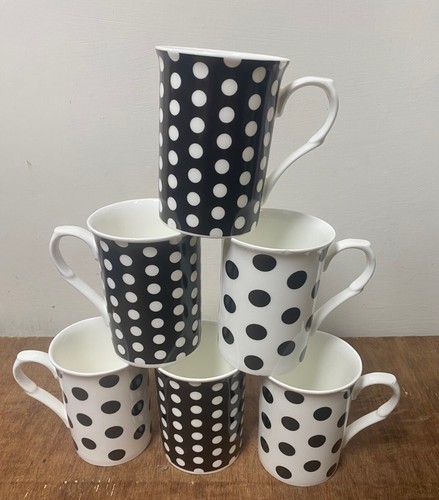Set of 6 Fine Bone China Spotty Mugs Polka Dots Black & White Coffee ...