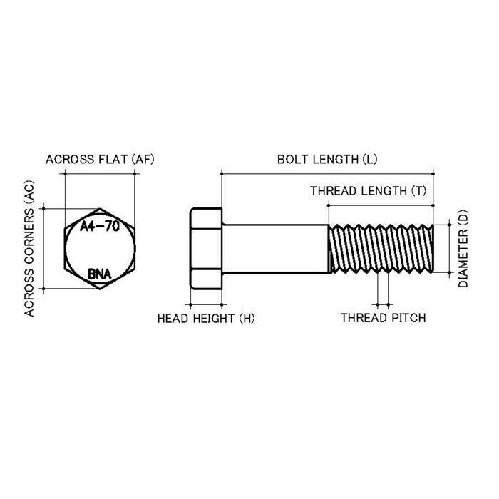 M6 x 1.00p x 110mm (PT) Metric Coarse Hex Bolt A4-70 Stainless 316 DIN ...