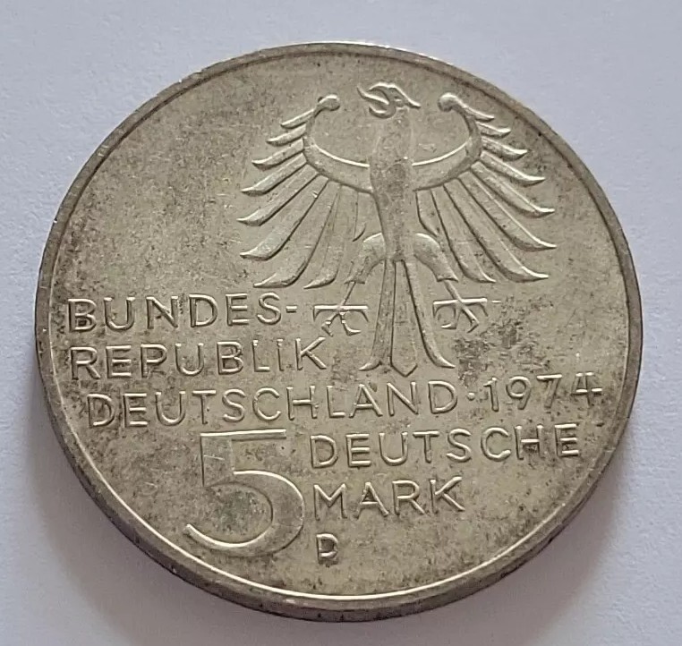 1974 D Germay 5 Deutsche Mark coin - Immanuel Kant 250th Anniversary of ...