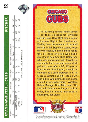 Ryan Hawblitzel 1992 Upper Deck 59 Chicago Cubs Rookie BASEBALL Card | eBay