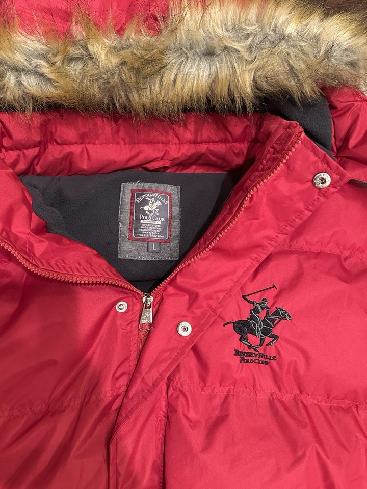 Beverly Hills Polo Club Red Puffer Jacket L Fur Trim Hood Removable | eBay