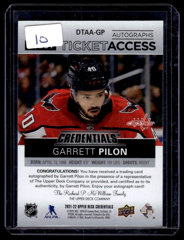 2021-22 UD Credentials Silver Autograph Rookie Garrett Pilon RC Auto ...