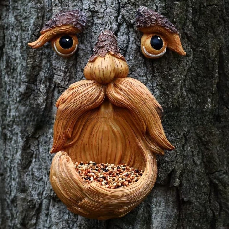 Resin Garden Bird Feeders Set of Two Tree Trunk Shape with Facial ...