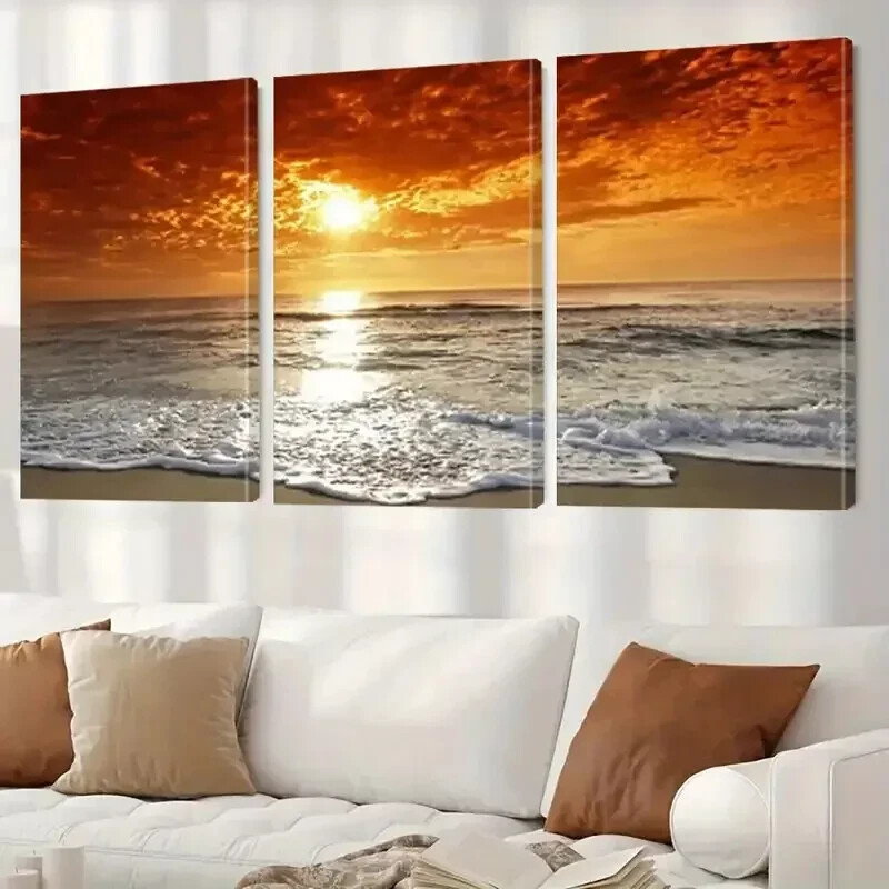 3pcs Mixed Color Ocean Wave Sunrise Sunset Wall Art Canvas Framed ...