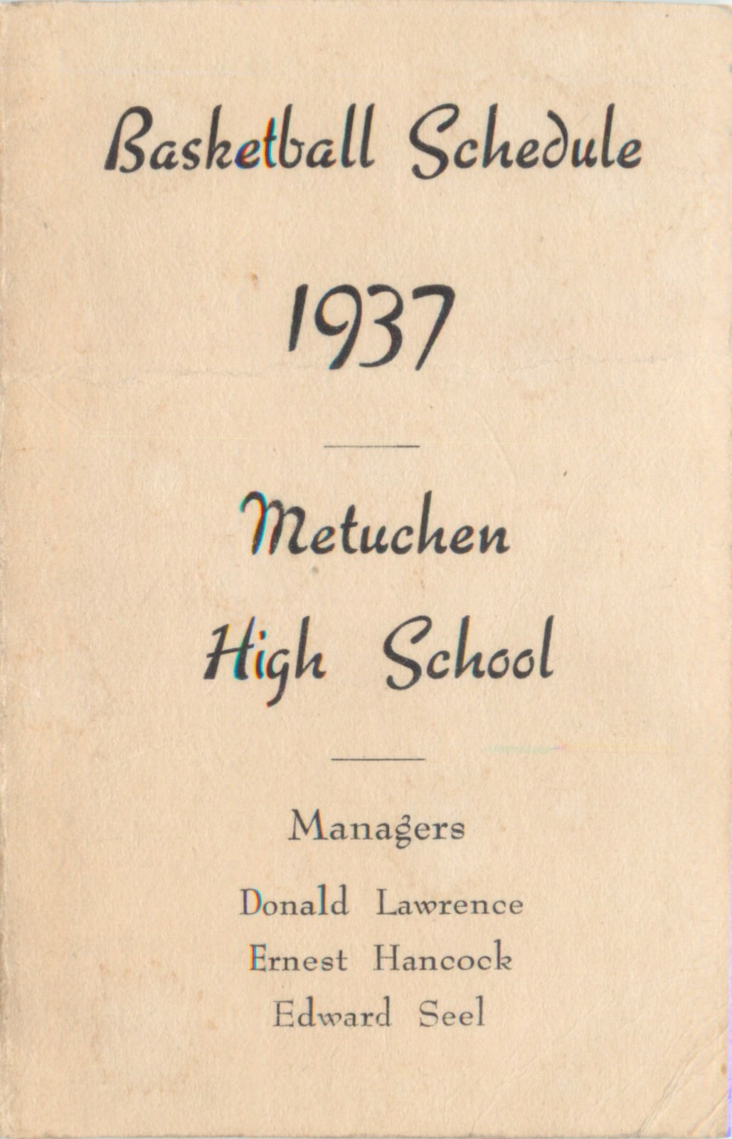 Basketball Schedule, Metuchen High School, Metuchen, New Jersey NJ 1937 ...