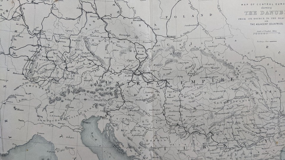 1857 MAP CENTRAL EUROPE SHOWING THE DANUBE AUSTIRAN EMPIRE TURKEY ...