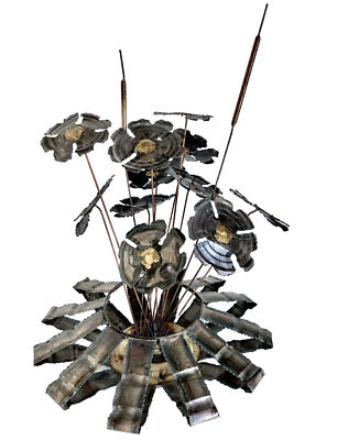 Vintage 1970s Abstract Metal Tin Tramp Art Sculpture Flowers Cattails ...
