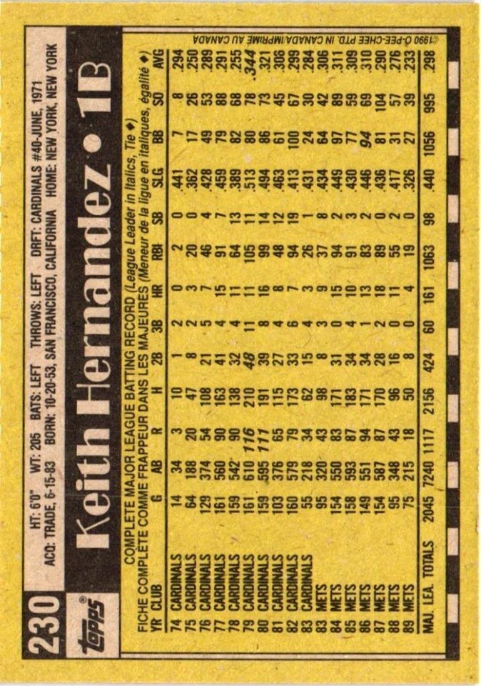 KEITH HERNANDEZ 1990 O PEE CHEE OPC #230 BUY ANY 2 ITEMS FOR 50% OFF ...