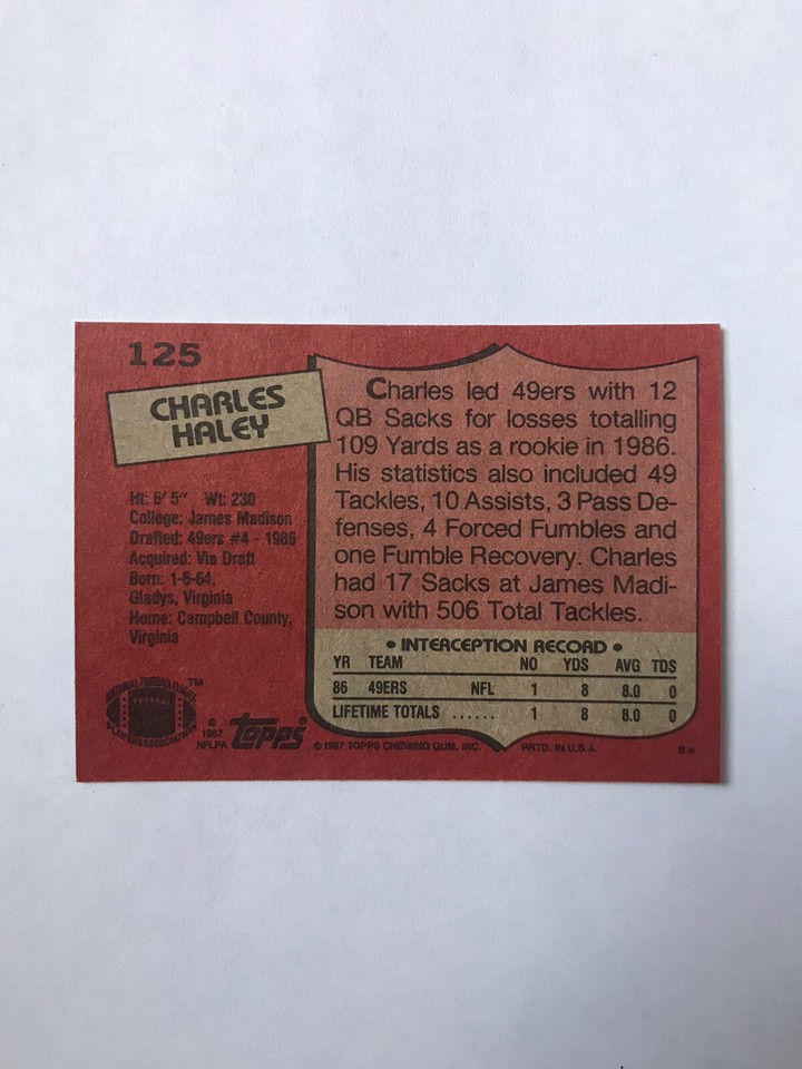 1987 Topps CHARLES HALEY #125 RC Rookie HOF San Francisco 49ers Dallas ...