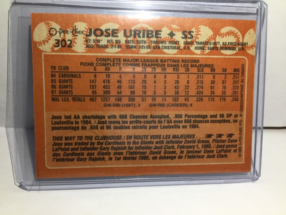 1988 o-pee-chee Topps #302 Jose Uribe Alignment Error, Color Misprint ...