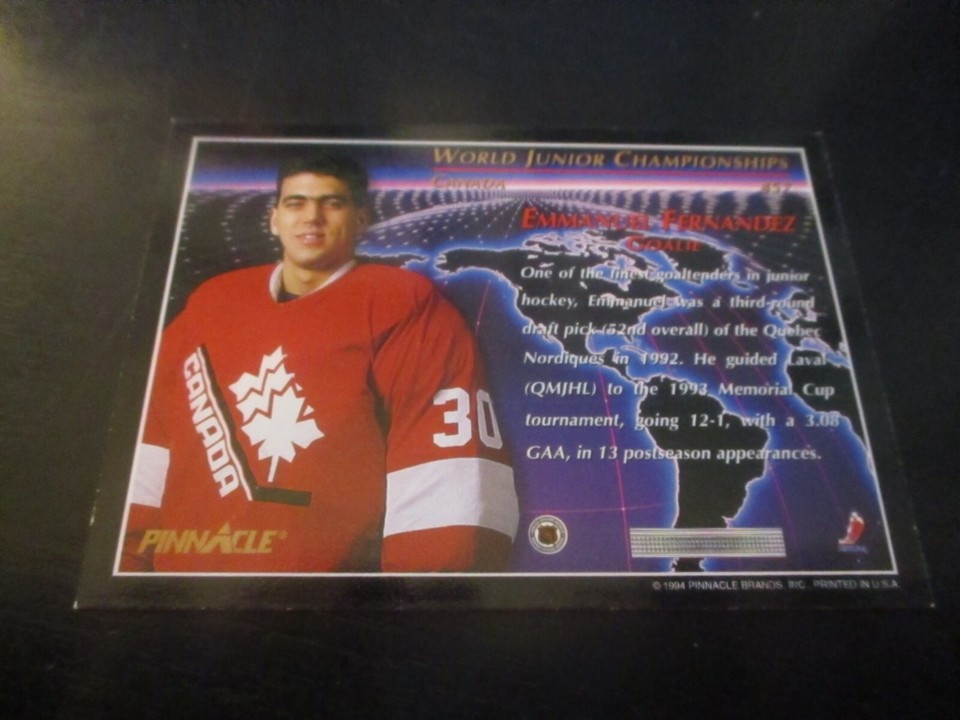 emmanuel fernandez (canada - goalie) 1992/93 pinnacle card #457 nr/mint ...