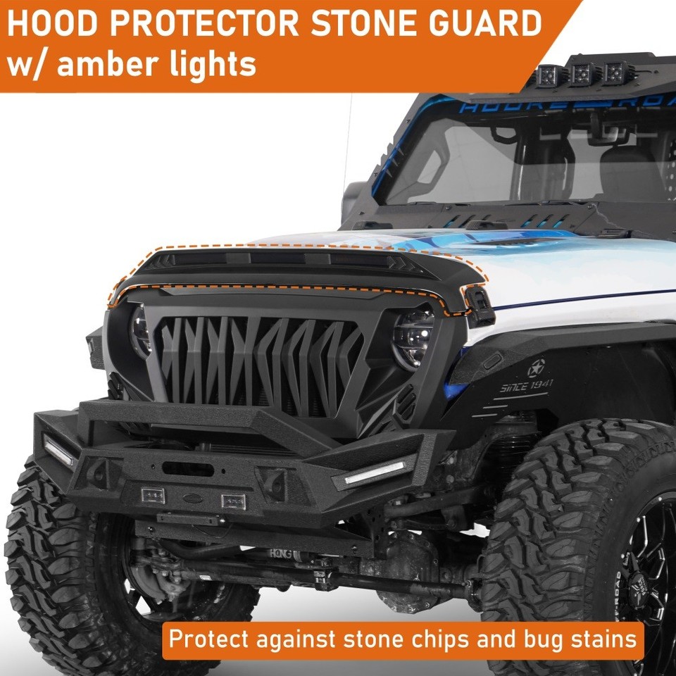 Hood Protector Stone Guard w/ 3x Amber Lights Fit 2018-2024 Jeep ...