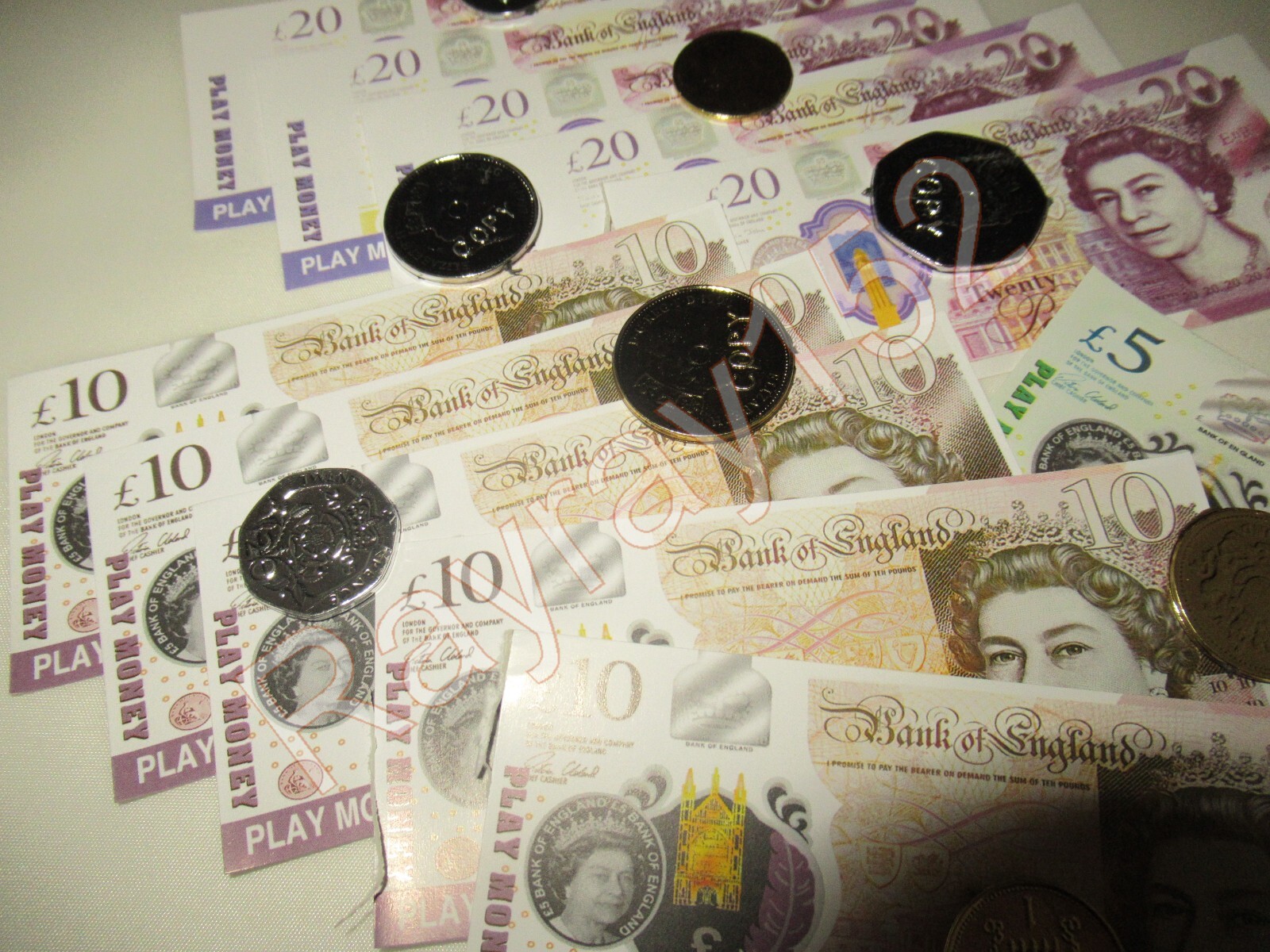 Approx 20 notes & 15 plastic coins of FAKE kids play pretend money NOT ...