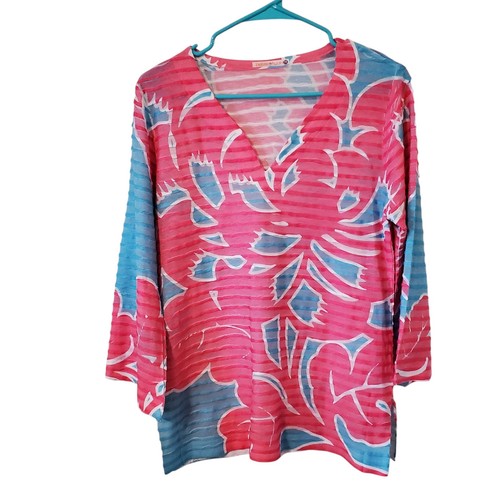 Before + Again Womens Long Sleeve V-neck Top Size Medium Pink Blue | eBay