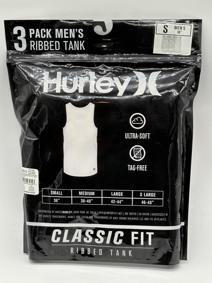 NEW 3 PACK HURLEY MENS RIBBED THANK WHITE TAG-FREE ULTRA-SOFT COTTON ...