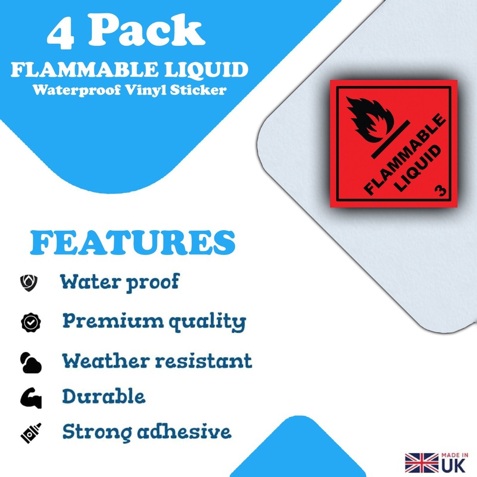 4 Pack Flammable Liquid Hazard Stickers - Waterproof Vinyl Safety ...