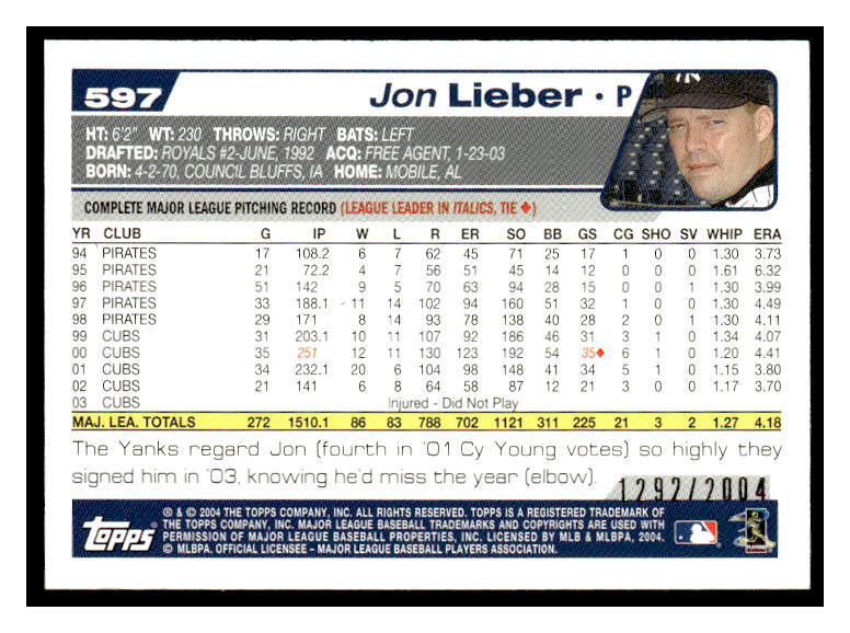 2004 Topps #597 Jon Lieber Gold #/2004 | eBay