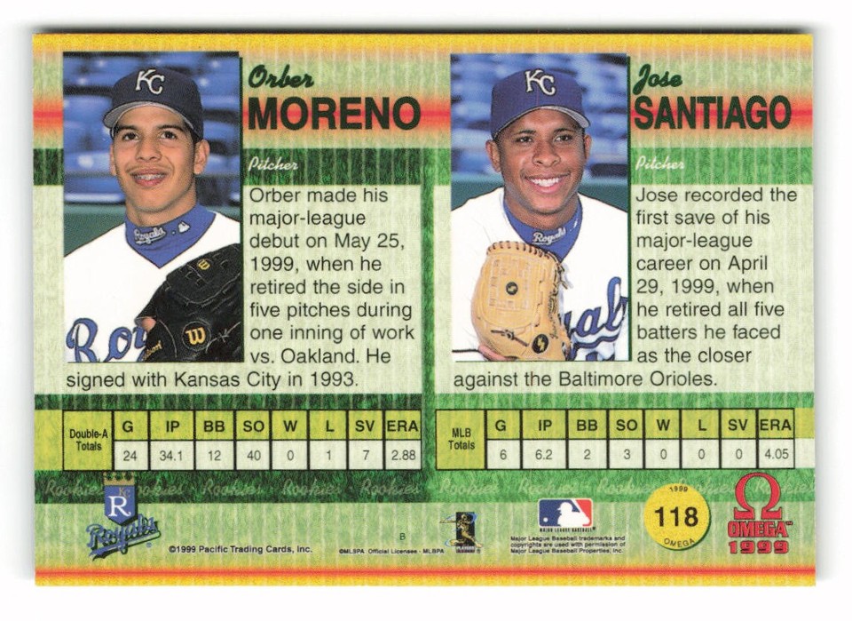 1999 Pacific Omega #118 Orber Moreno / Jose Santiago Rookie Kansas City ...