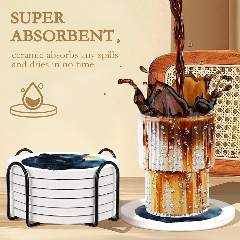 Drink Coasters with Holder,6 Pcs Black Cat Moon Coffee Cup Mat | eBay