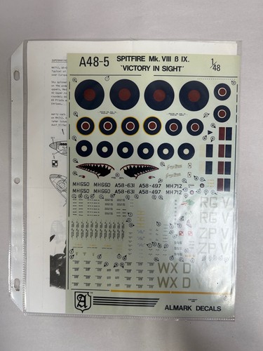 NEW Almark A48-5 Spitfire Mk.VIII War Model Airplane Decal 1/48 Scale ...