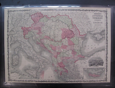 Antique Hand Colored Map Johnson's Austria Turley in Europe and Greece ...