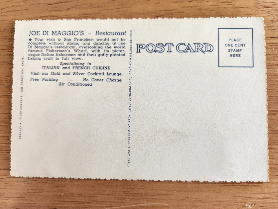 Joe DiMaggio's Restaurant Post Card | eBay