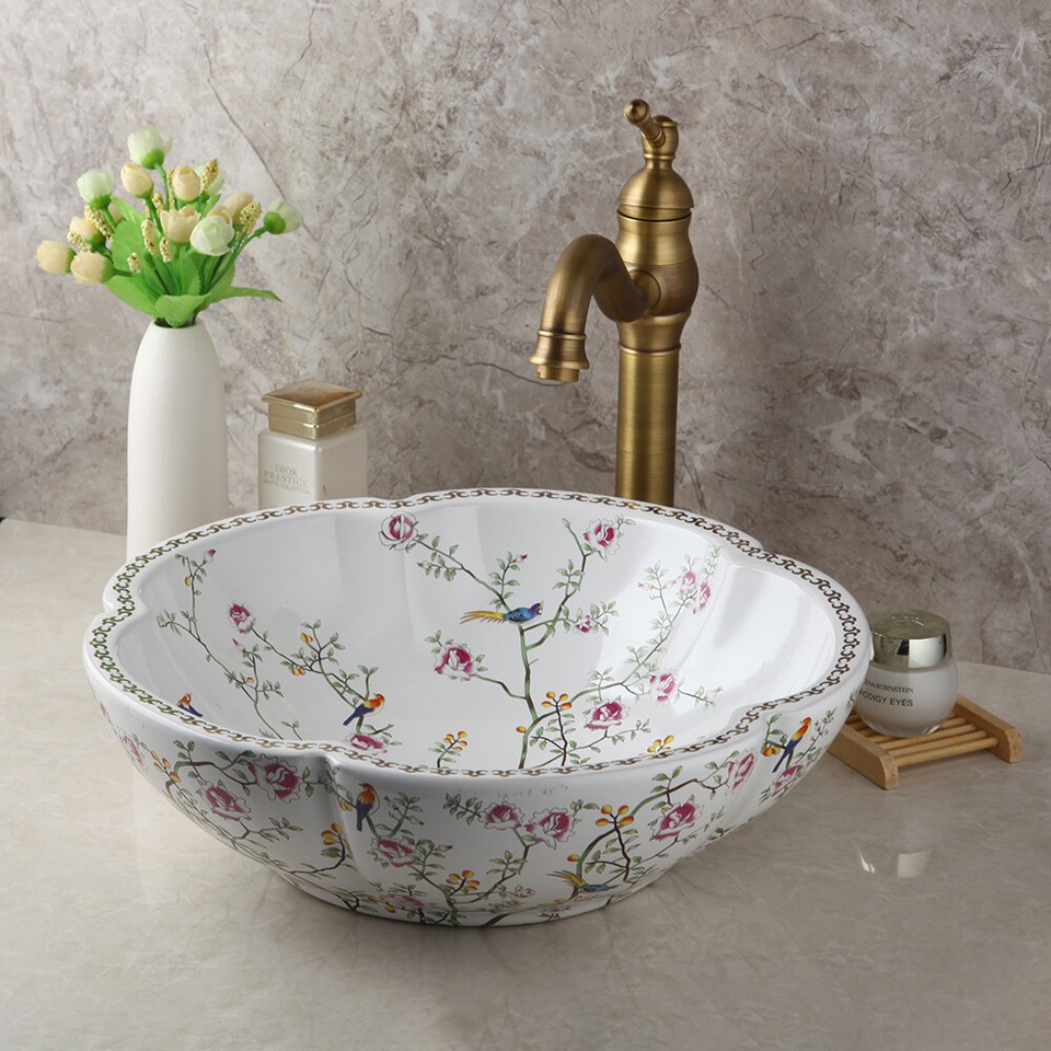 US White Ceramic Bathroom Flower Shape Vessel Sink Basin Bowl Faucet ...