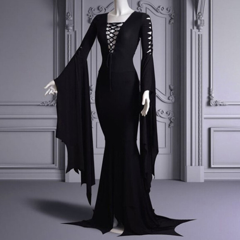 Morticia Addams Cosplay Costume Gothic Maxi Dress Vampire Bandage Gow ...