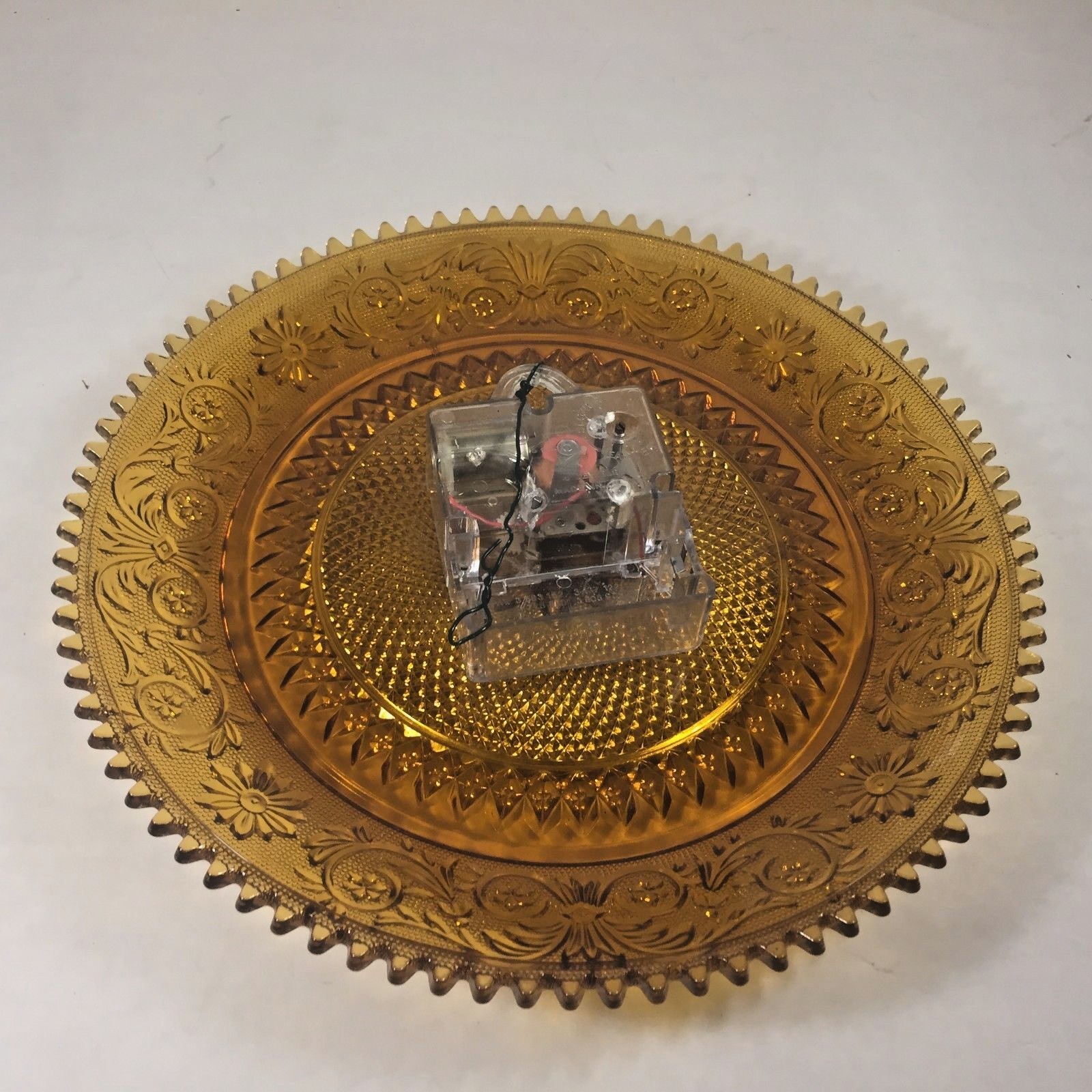 Vtg AMBER Pressed Glass Wall PRIMEX Clock Plate Diamond Cut Flowers 12 ...