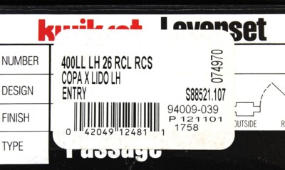 Kwikset Levers Lock Set 400LL LH 26 RCL RCS Copa X Lido LH Entry Nickel ...