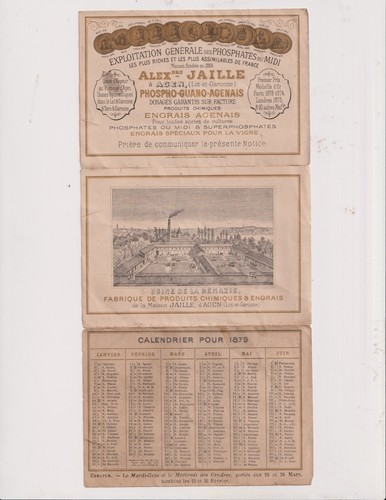Année 1879. Calendrier. Publicité. Usine. La Bénazie. Jaille. Agen ...