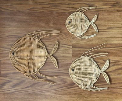 VTG Set Of 3 Natural Wicker/Rattan Woven Fish Wall Hangings Bohemian ...
