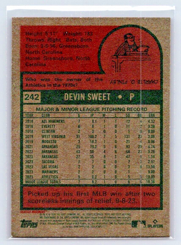 2024 Topps Heritage Baseball - Devin Sweet - Seattle Mariners - RC ...