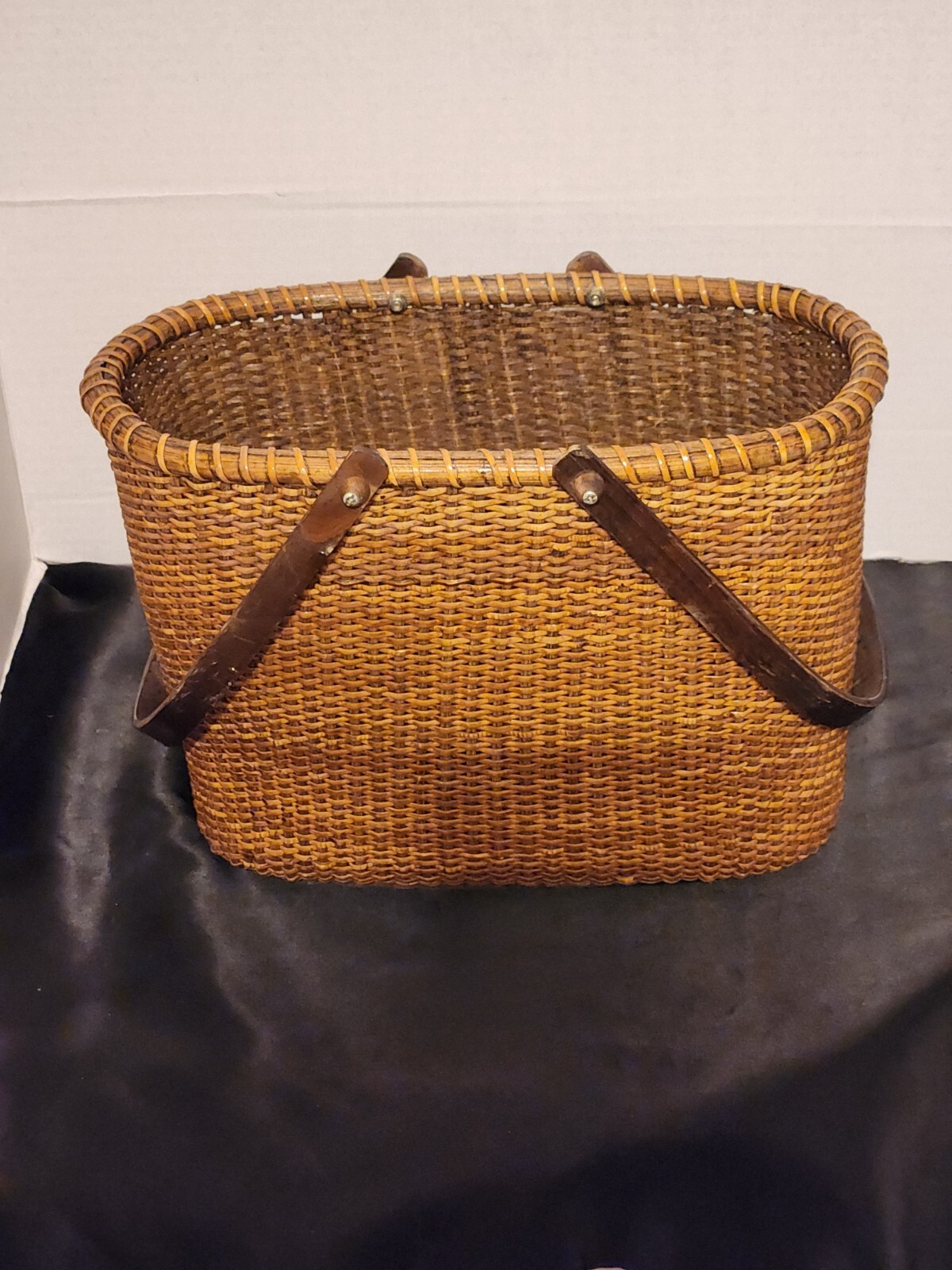 Vintage Handcrafted Basket Wooden Handles & Bottom H.8.5 Ins. L. 11 ins ...