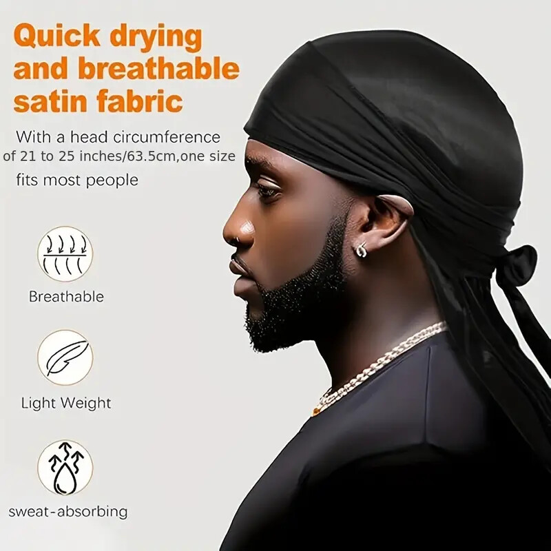 Men's Durag Black Breathable Close Fit Tie Down Sport Du Rag HEAD Scarf ...