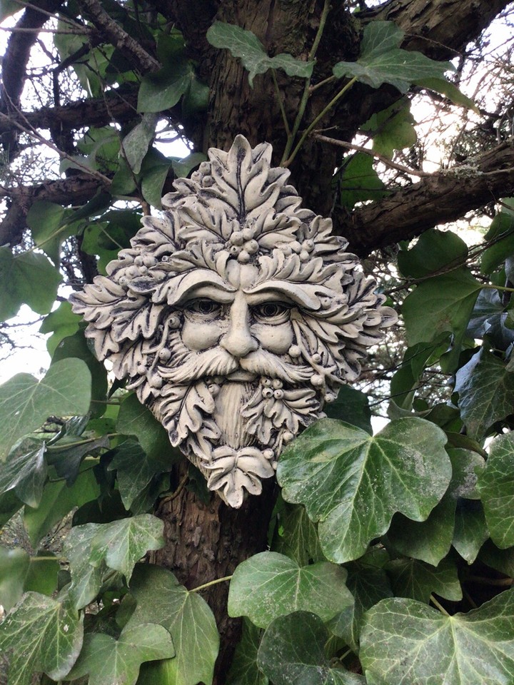 STONE GARDEN DIAMOND LEAF BERRY GREEN MAN LEAF FACE WALL PLAQUE PAGAN ...