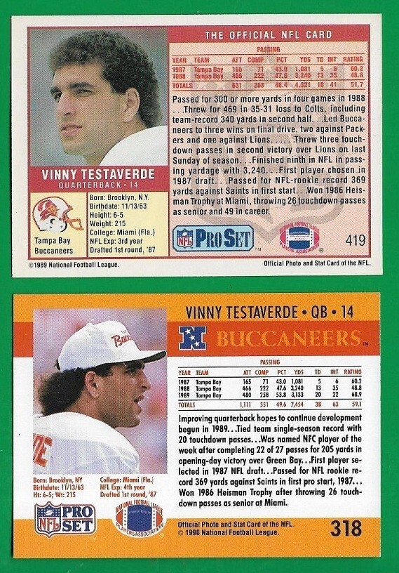 Vinny Testaverde 2 Card LOT Buccaneers (MINT) Pro Set 1989 #419 1990 ...