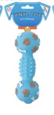 DOG PET ANIMAL DUMBBELL VINYL SQUEAKY TOY Blue Embossed Paw Prints ...