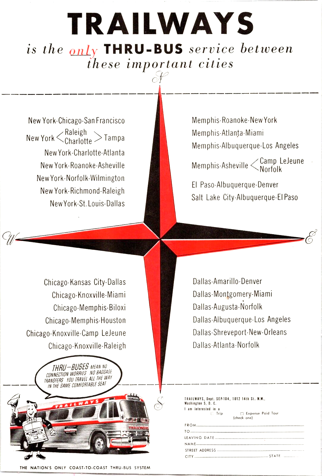 VINTAGE 1950S TRAILWAYS BUS PRINT AD ONLY THRU-BUS SERVICE BETWEEN 2 ...