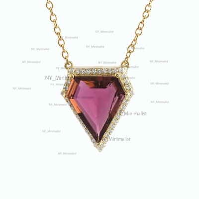 Kite Cut Pink Tourmaline Gemstone Diamond 14K Solid Yellow Gold Pendant ...