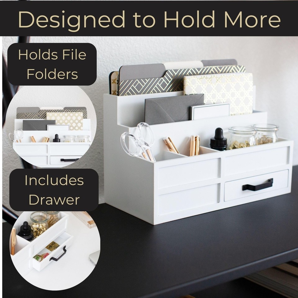 White Desktop Organizer with Drawer – Paper Wood Bill & Mail Organizer ...