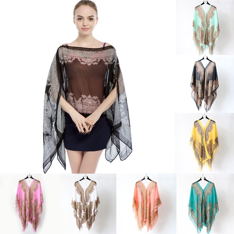 Women Chiffon Floral Print Shawls Blouse Top Wrap Beach Sun Protection ...