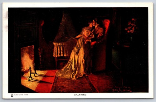 Alfred James Dewey~”Sparking”~Couple Relax By Fire~She w/One Hand On ...