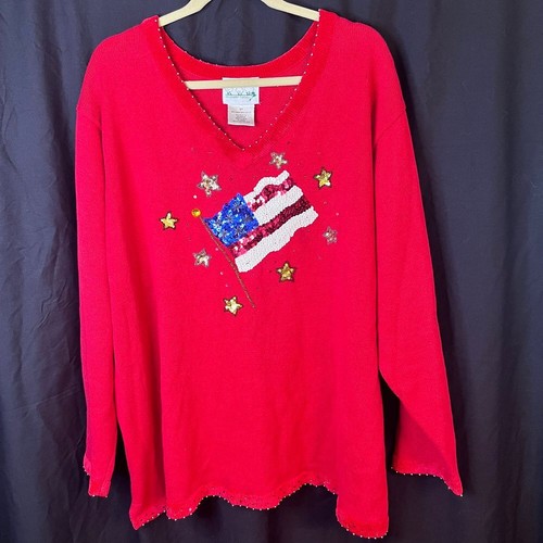 The Quacker Factory American Flag Sweater Red Sequins L/S Cotton Blend ...