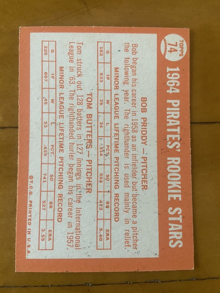 1964 Topps Pirates Rookie Stars (BOB PRIDDY & TOM BUTTERS) Baseball ...