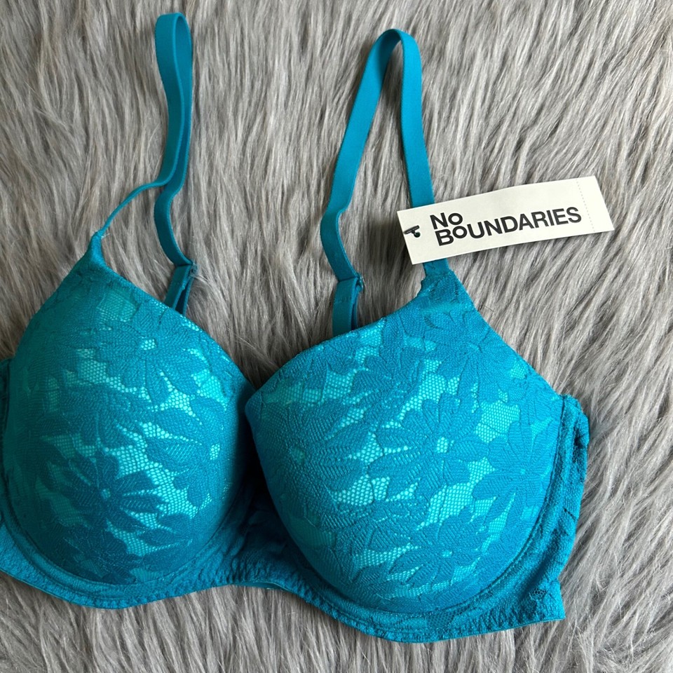 No Boundaries Push Up Bra Womens Size 34DD Blue Floral Lace Padded ...