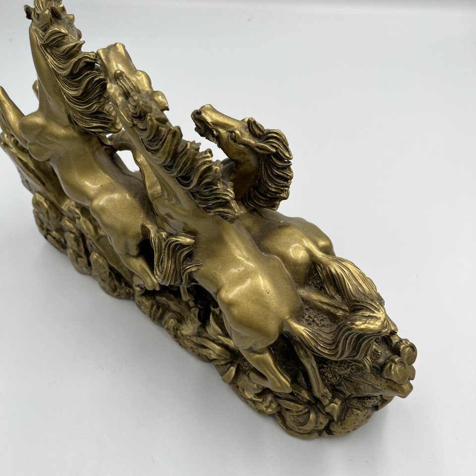 3 Running Horses Statue – Resin Wood Look w/ Gold Finish Prosperity ...