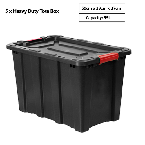 5x 55L Heavy Duty Plastic Storage Box Crate Tote Box Organiser Bin Tub ...