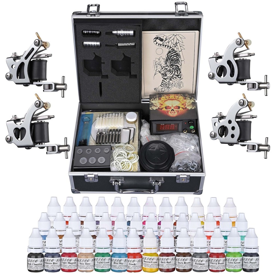 Complete Tattoo Starter Kit 4 Machine 40 Ink Power Supply Needle Grip ...