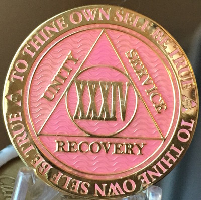 34 Year AA Medallion Pink Gold Plated Alcoholics Anonymous Sobriety ...